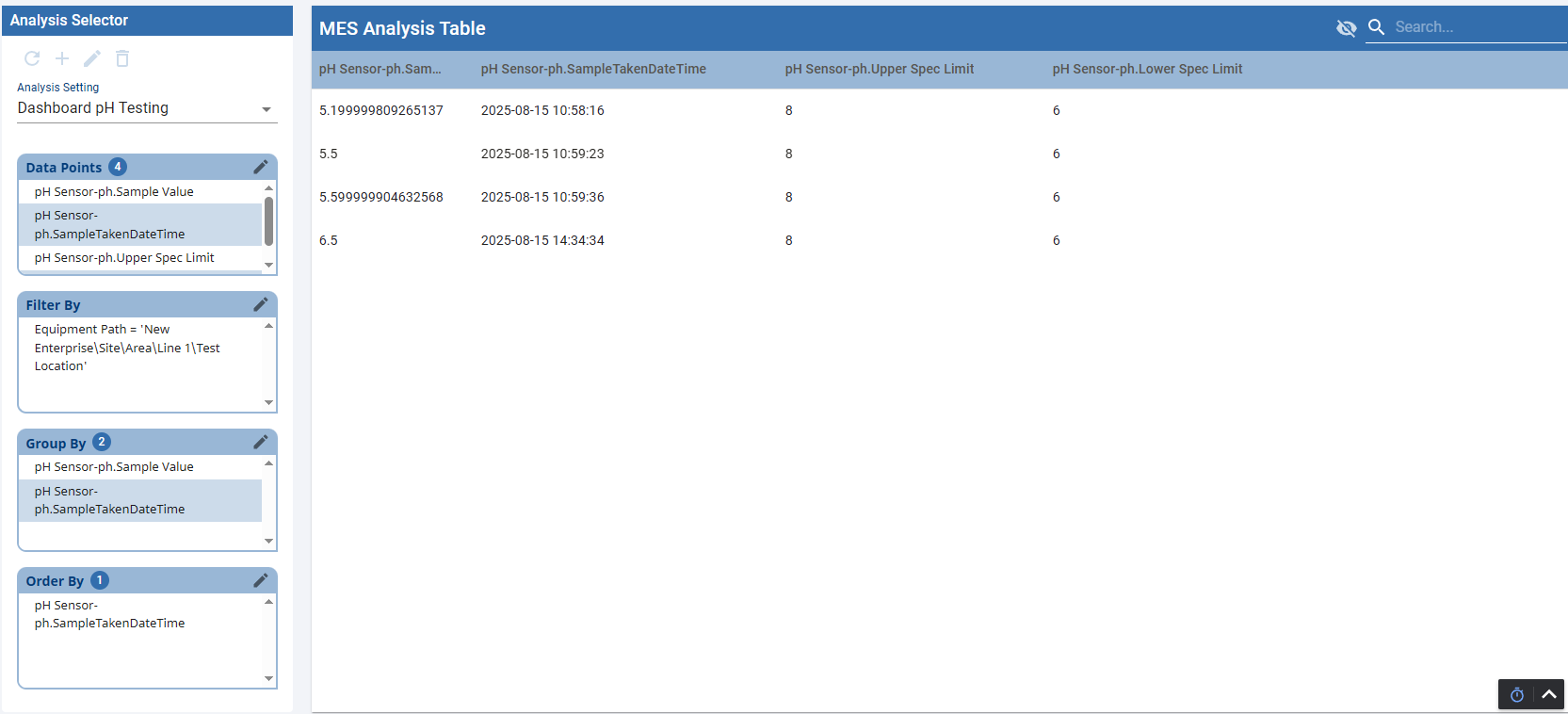 SPC:Perspective:Tag:Configure MES Analysis Selector and Live Analysis
